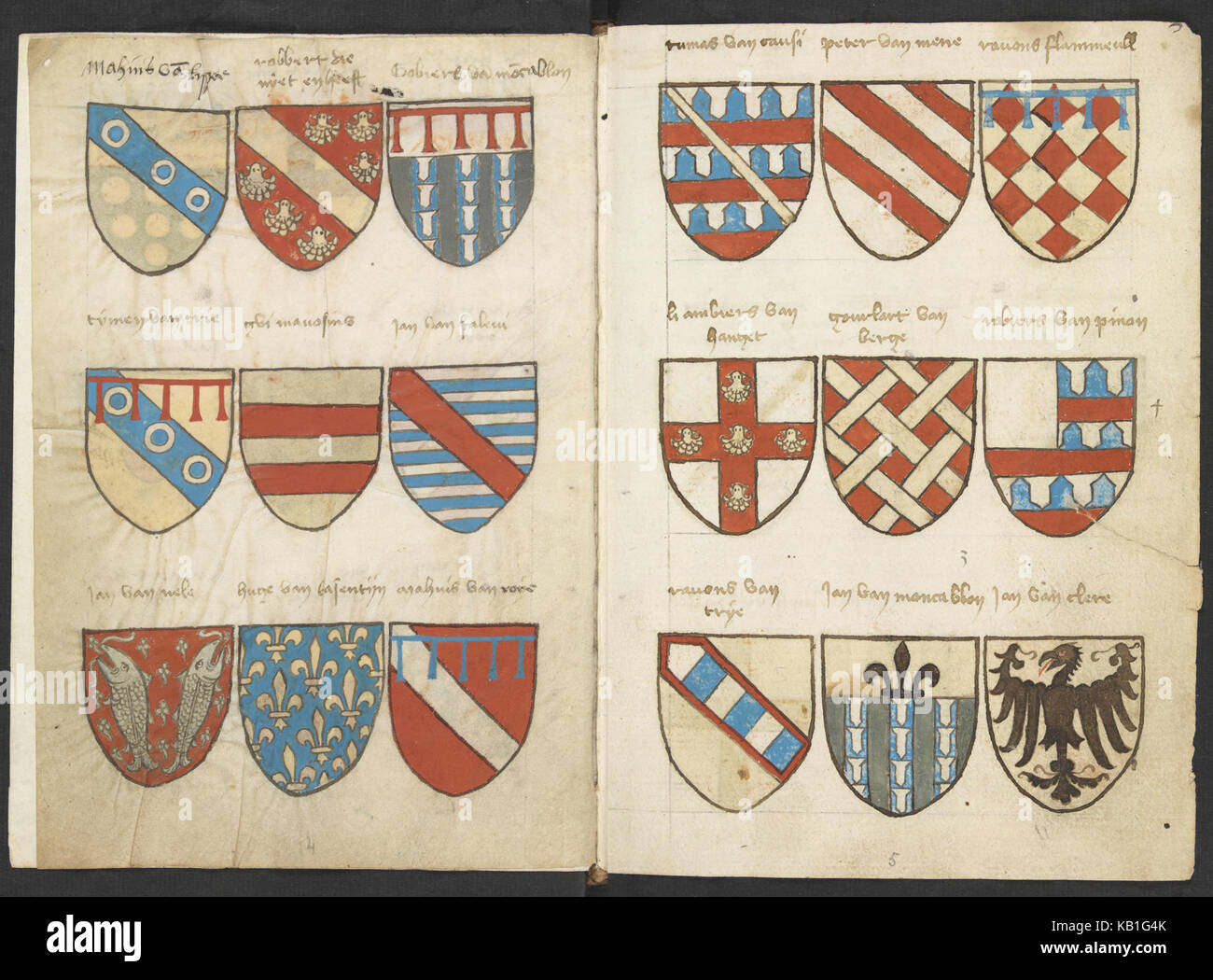 The Wapenboek Beyeren, a medieval armorial, contains heraldic symbols ...