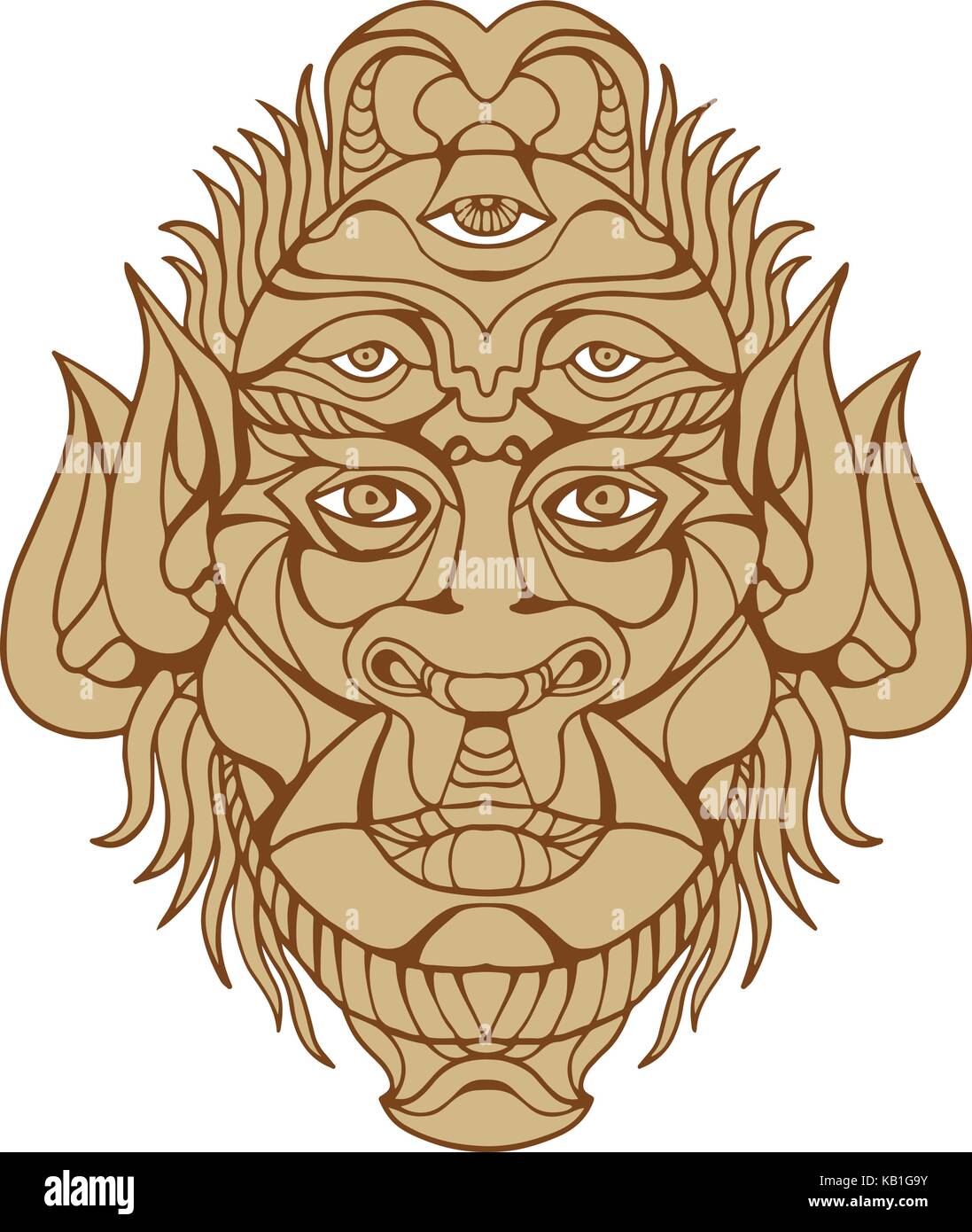 Drawing style illustration of a Five-eyed mythological Monster Head ...