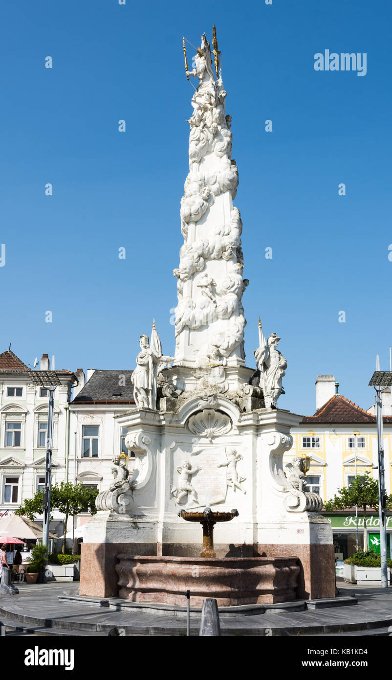 SANKT PÖLTEN, AUSTRIA - AUGUST 27: Historic market square with plague ...