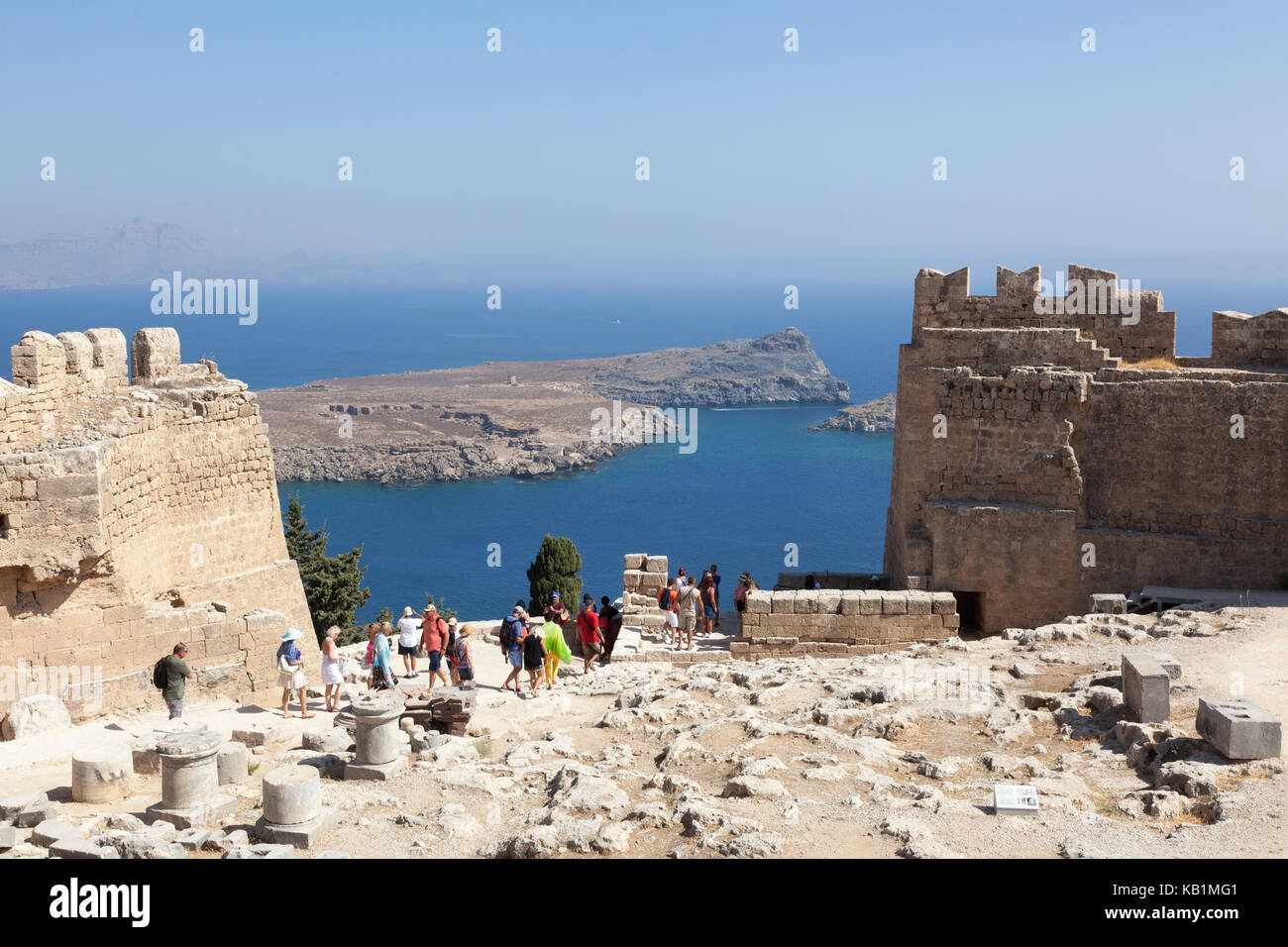 The Acropolis and castle in Lindos on the island of Rhodes in Greece ...