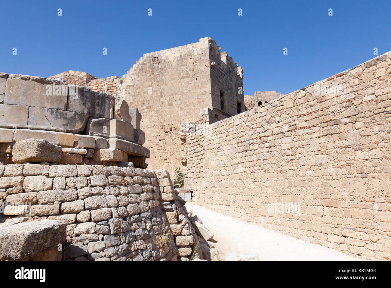 The Acropolis and castle in Lindos on the island of Rhodes in Greece ...