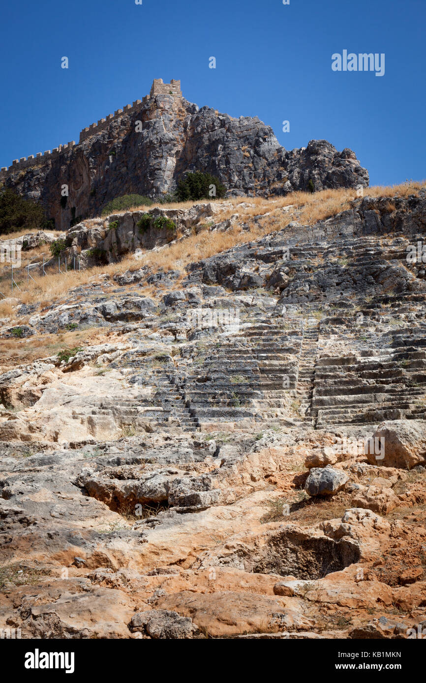 The remains of the amphitheatre in Lindos on the Greek island of Rhodes ...
