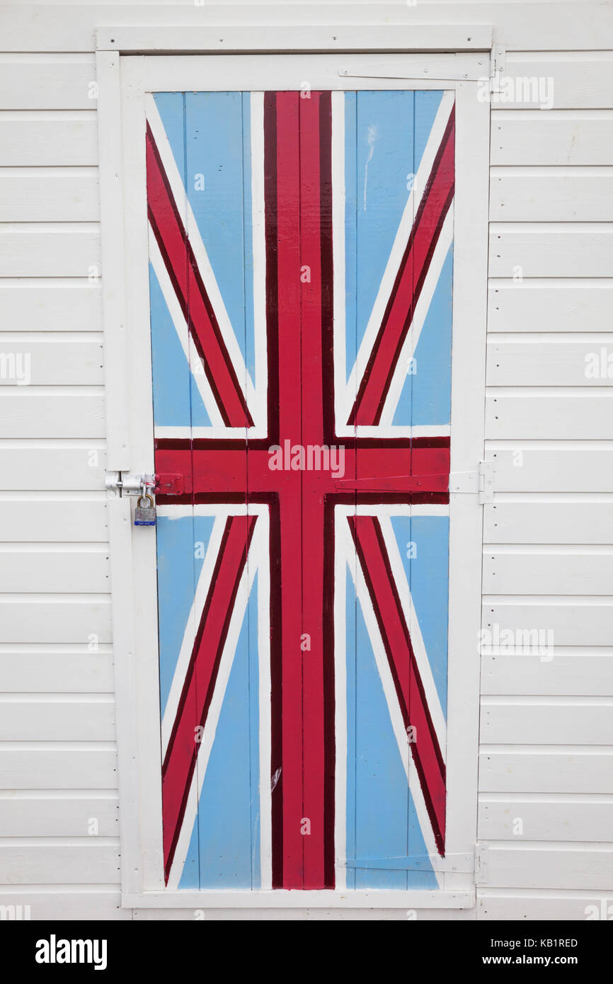 England, Devon, Paignton, beach hut, door, paints, union Jack Stock ...