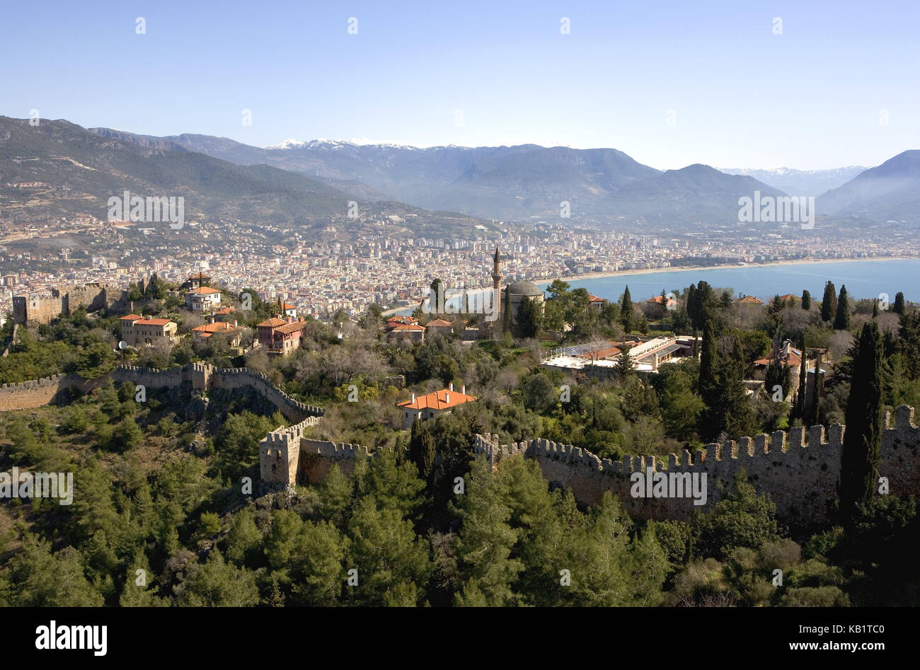 Turkey, Alanya, south coast, view of the castle mountain on the city of ...