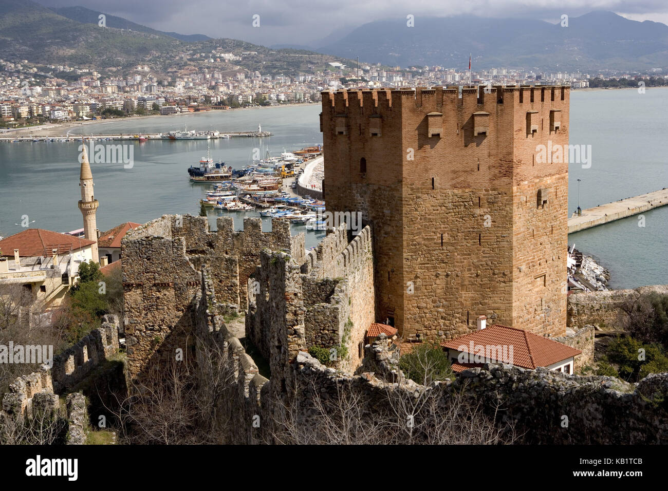 Turkey, Alanya, south coast, town, red tower in the harbour, landmark ...