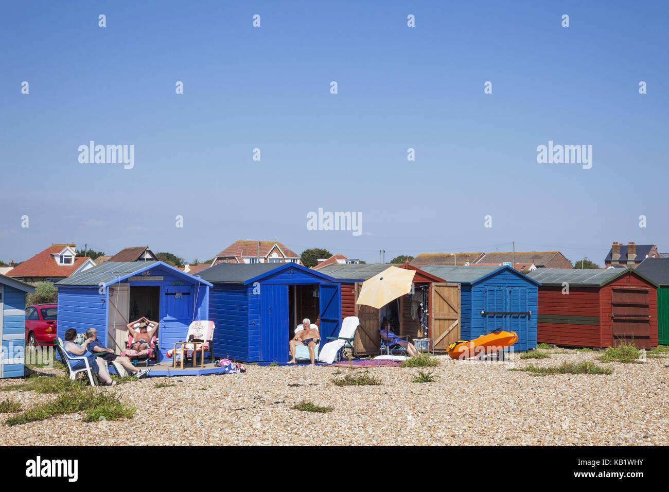 England, Hampshire, Hayling Iceland, beach, beach small house Stock ...