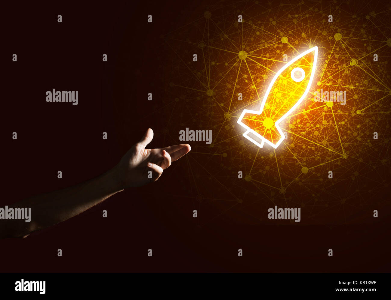 Man palm presenting Rocket web icon as technology concept Stock Photo ...