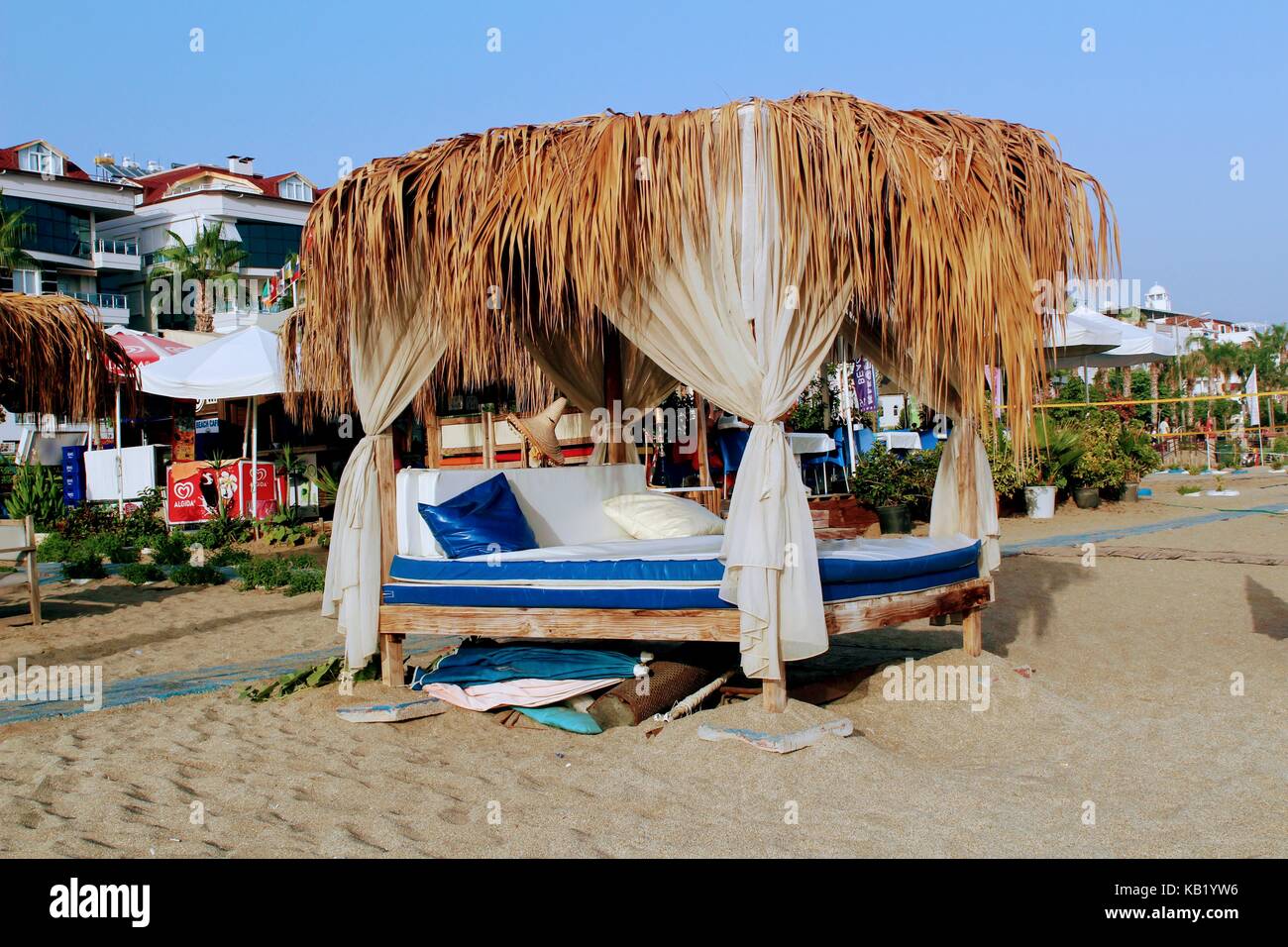July, 2017 - Bed with canopy on the beach in Alanya, Turkey Stock Photo ...