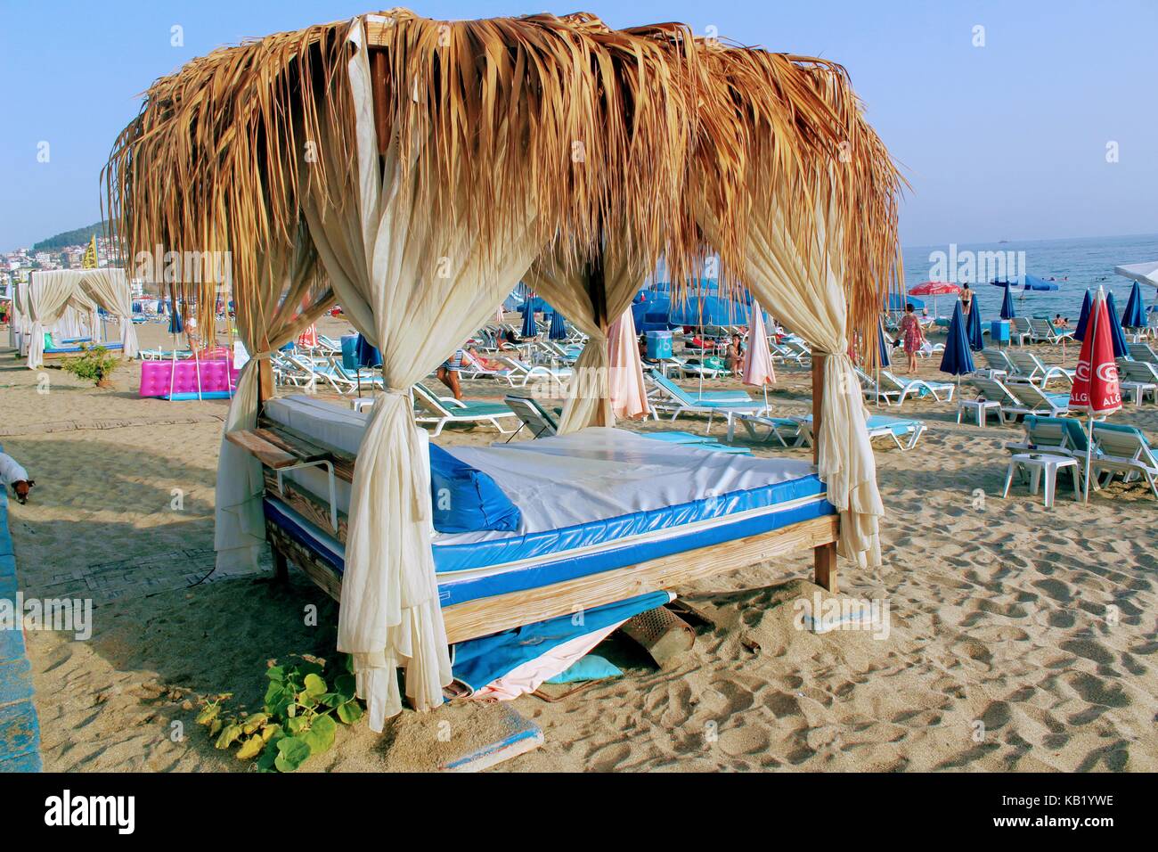 July, 2017 - Bed with canopy on the beach in Alanya, Turkey Stock Photo ...