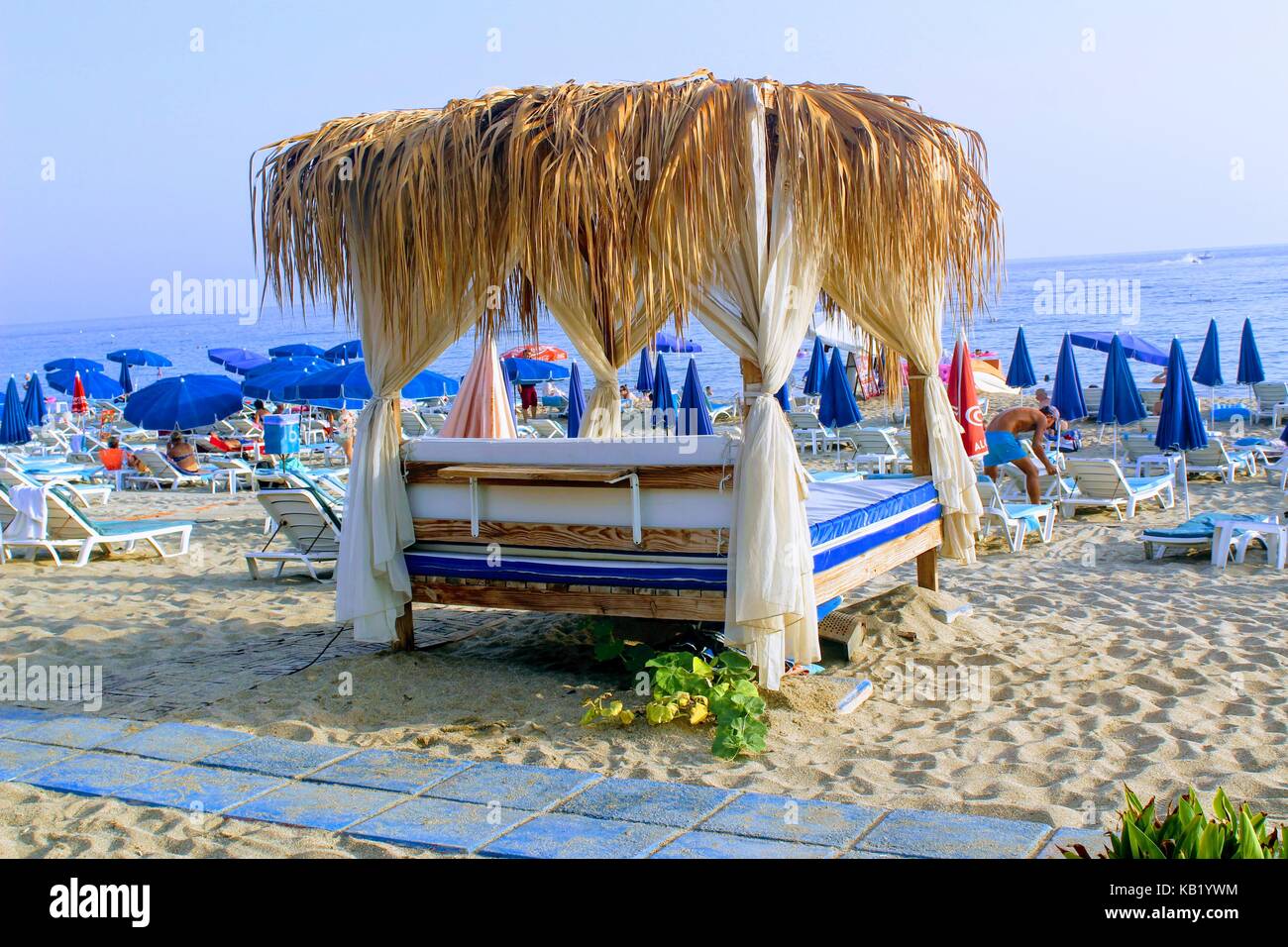July, 2017 - Bed with canopy on the beach in Alanya, Turkey Stock Photo ...