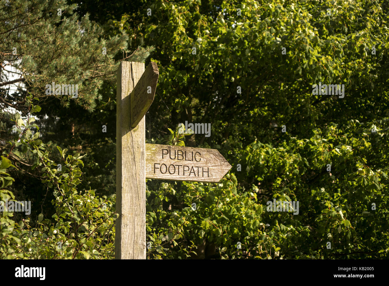 A Wooden Public Footpath Sign with a leafy background Stock Photo - Alamy