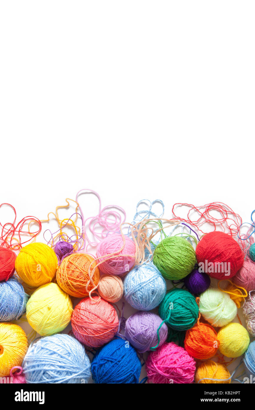 Colored balls of yarn. View from above. Rainbow colors. All colors ...