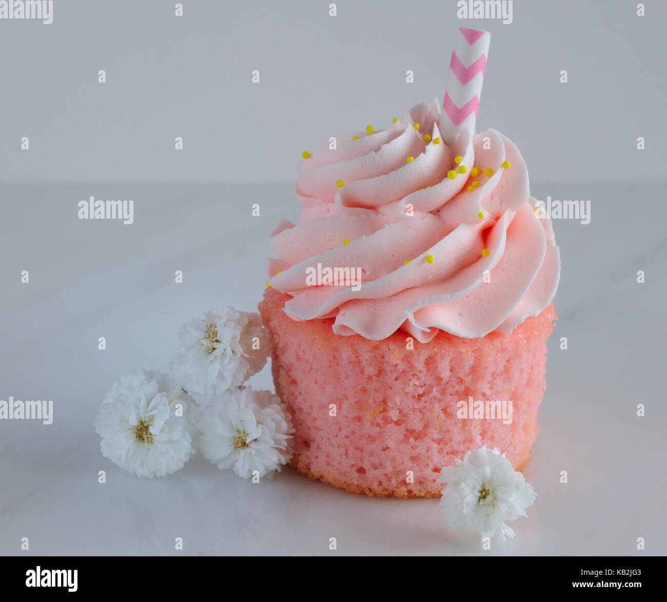 pink cupcake with pink frosting and white flowers Stock Photo - Alamy