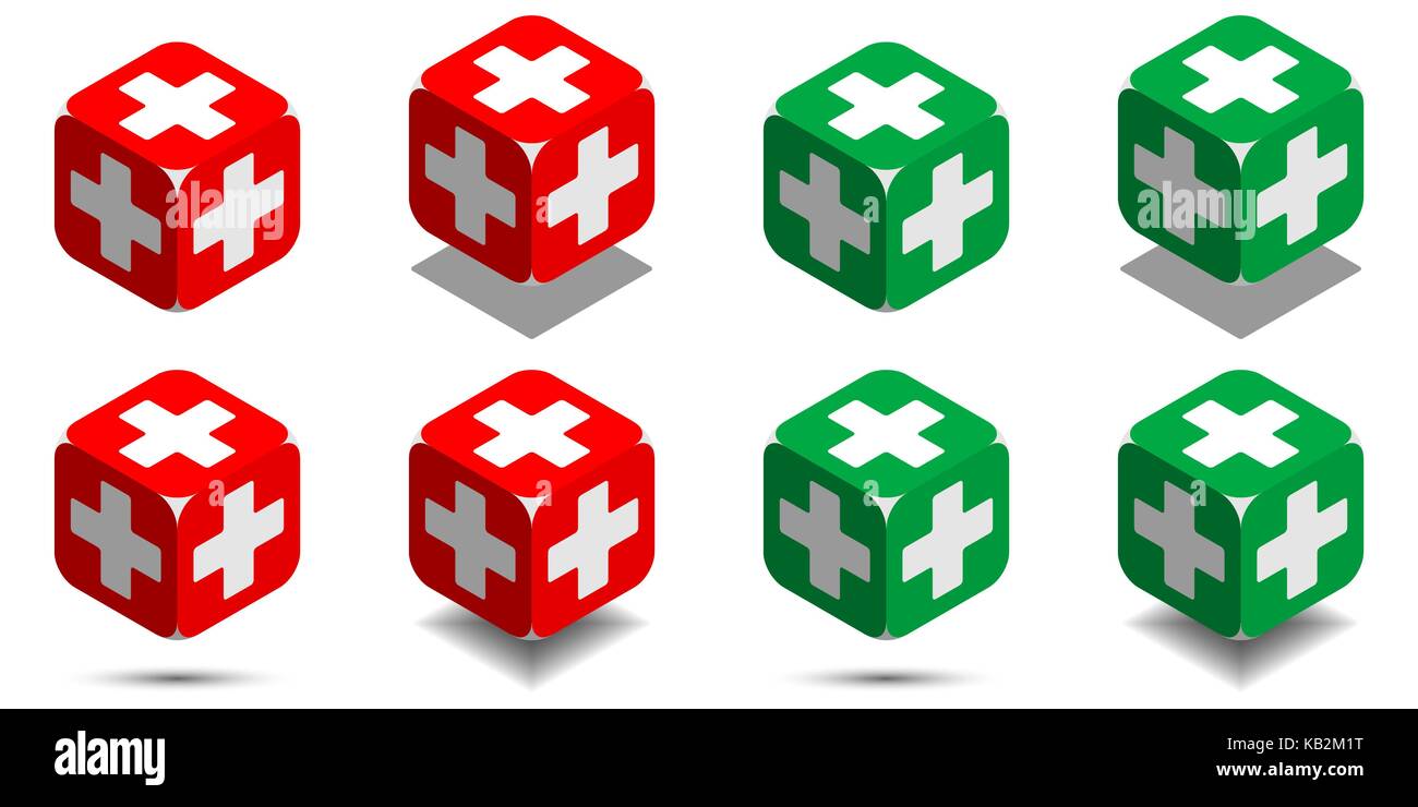 Cube with medical cross in red and green colors, isometric cube of ...