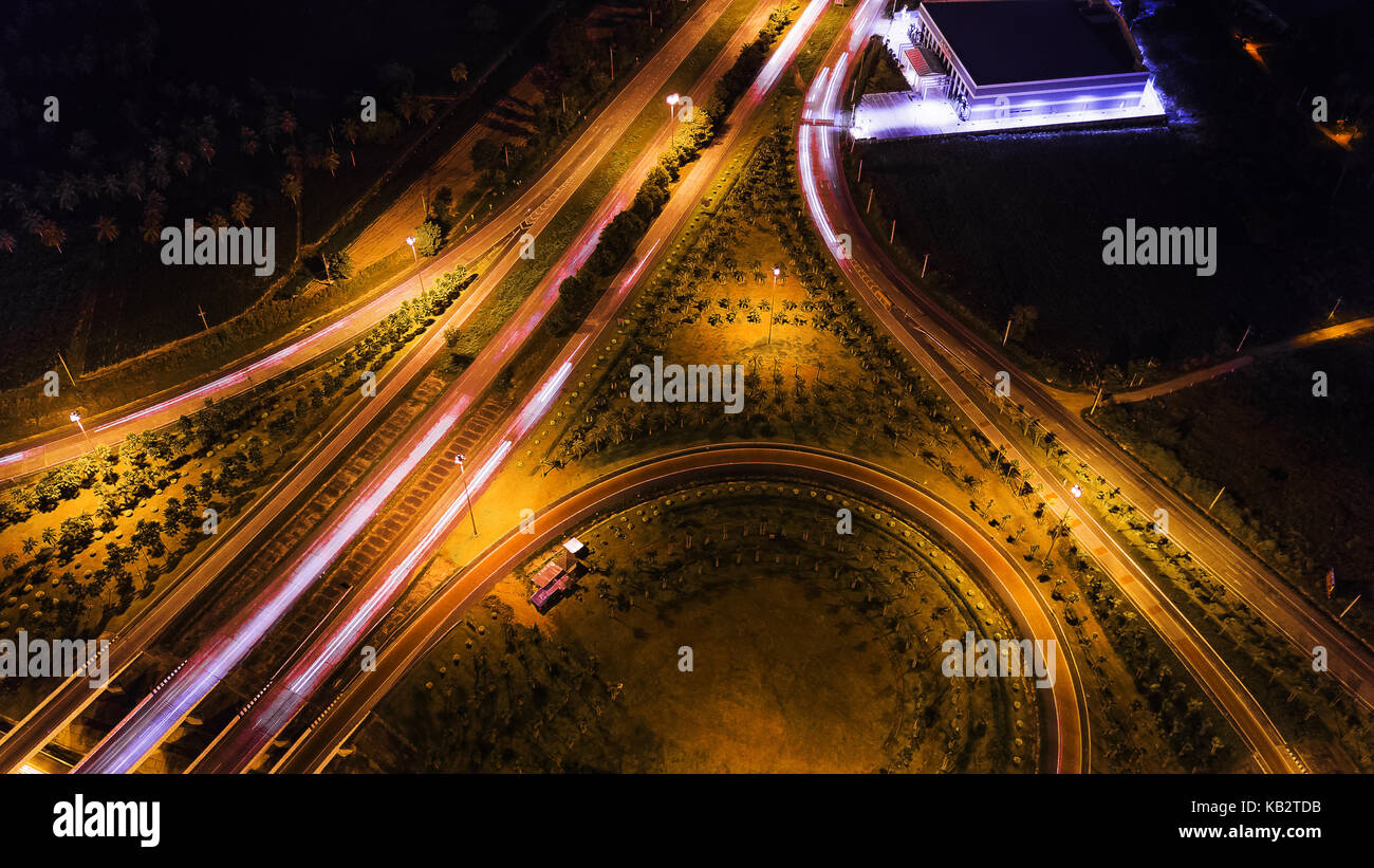 over Road city highway at night - Bird eye viwe - drone -Top view Stock ...