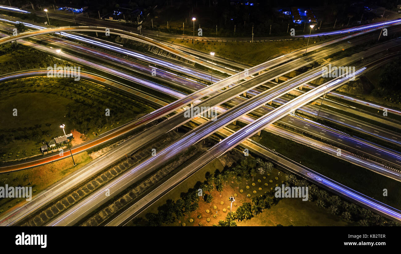 over Road city highway at night - Bird eye viwe - drone -Top view Stock ...