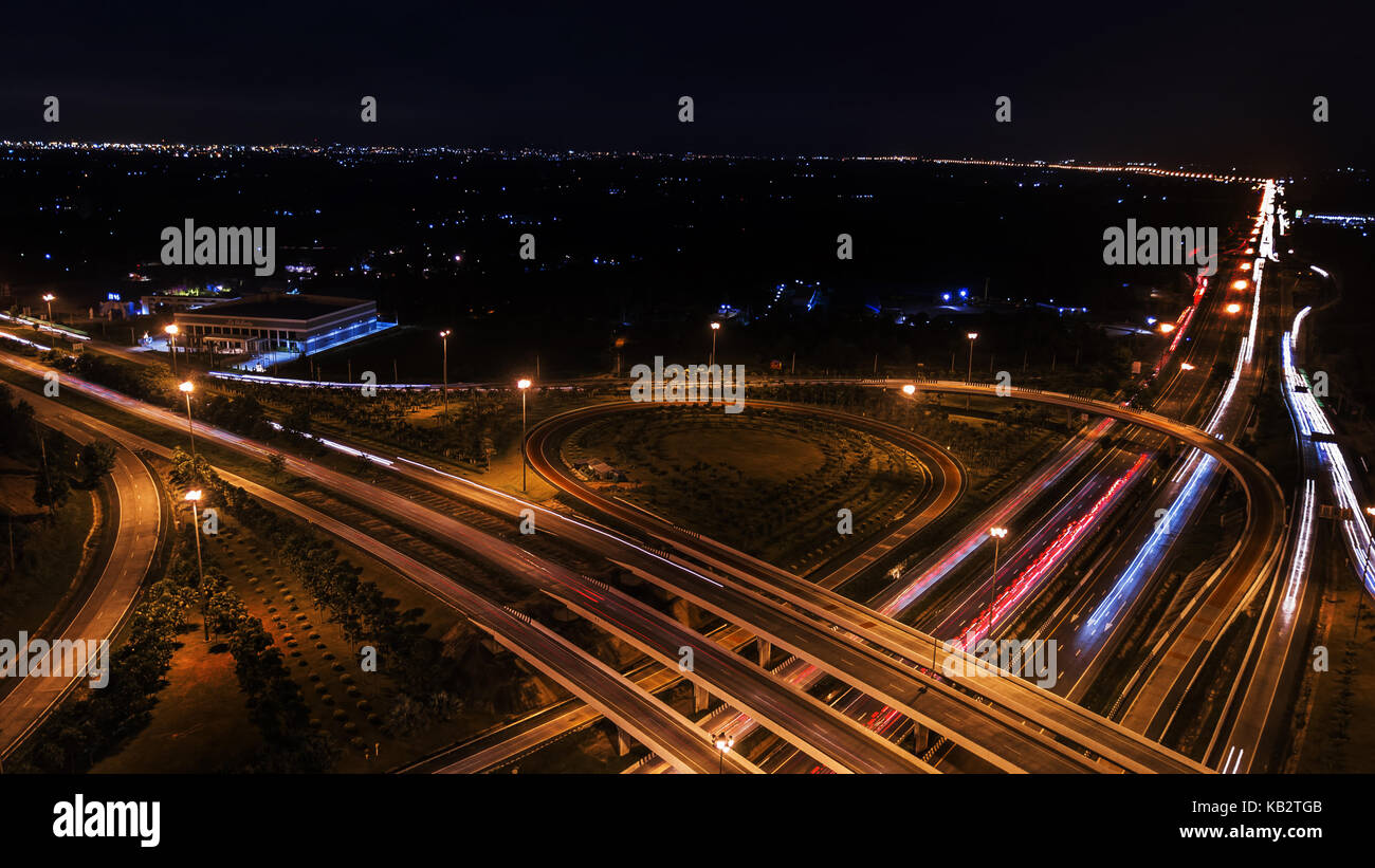 over Road city highway at night - Bird eye viwe - drone -Top view Stock ...