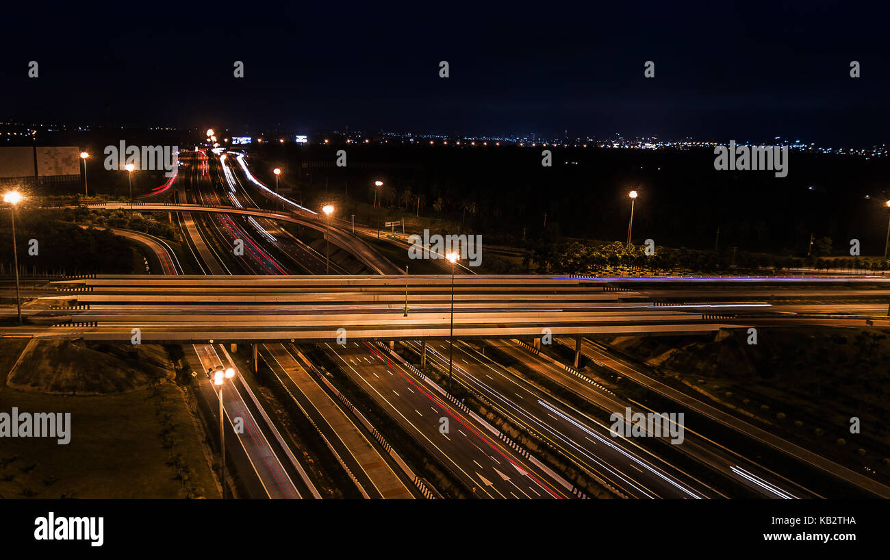 over Road city highway at night - Bird eye viwe - drone -Top view Stock ...