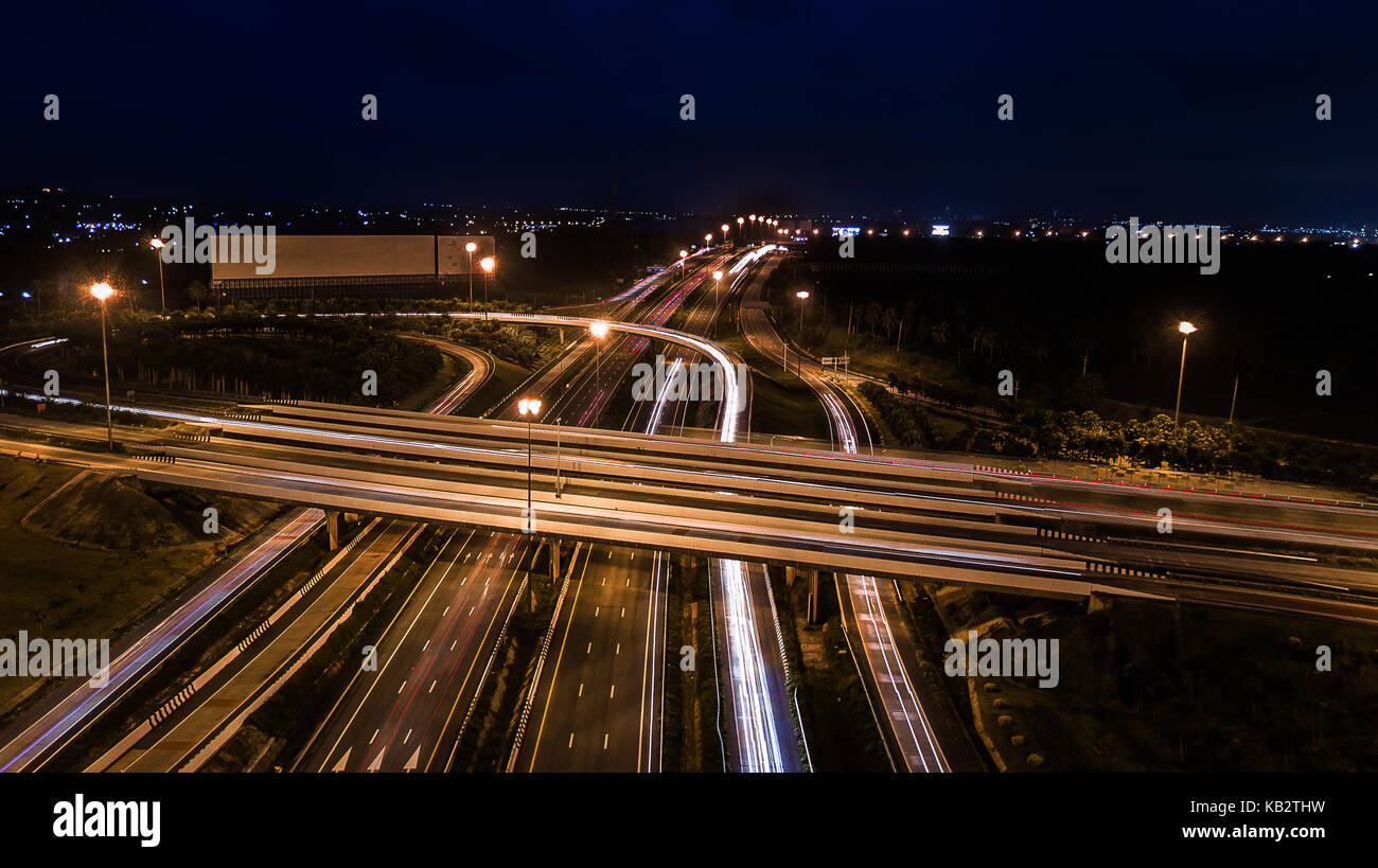 over Road city highway at night - Bird eye viwe - drone -Top view Stock ...