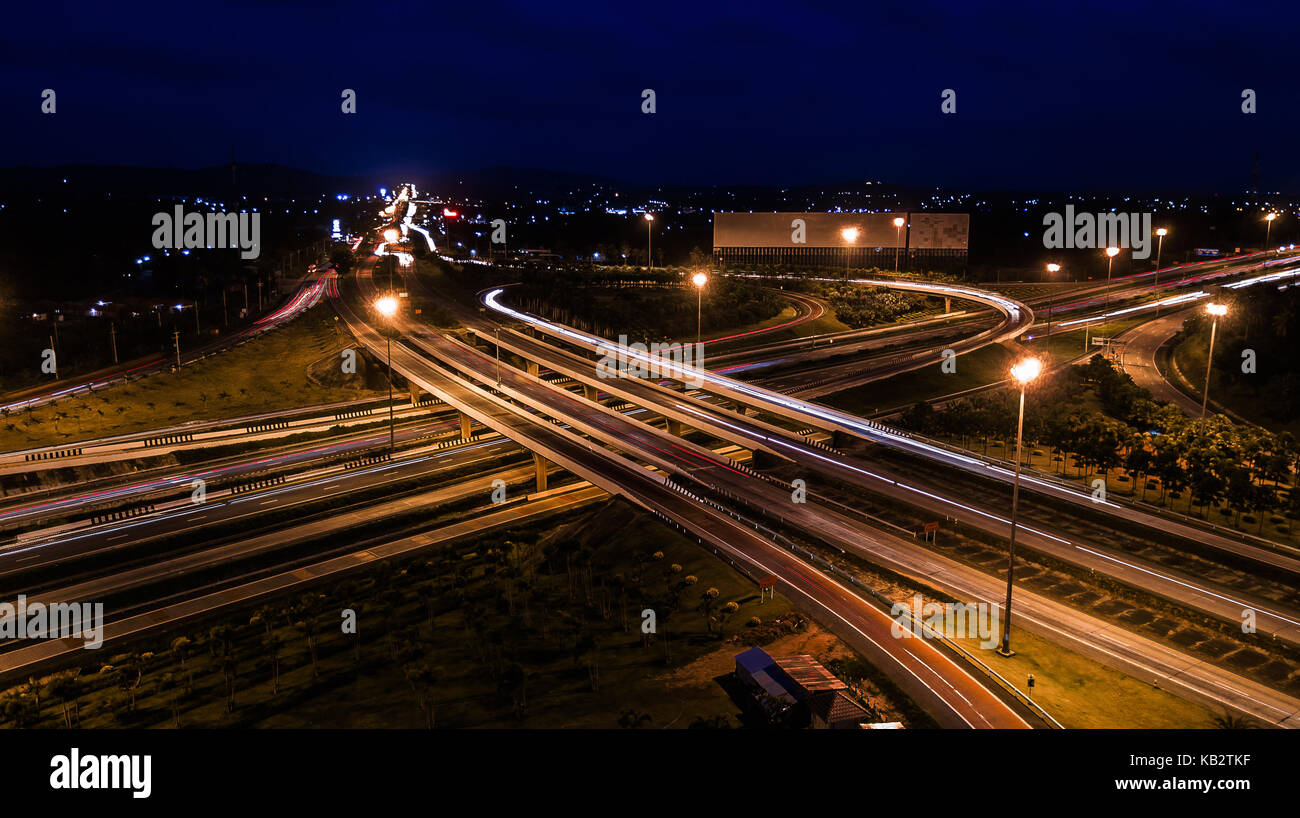 over Road city highway at night - Bird eye viwe - drone -Top view Stock ...