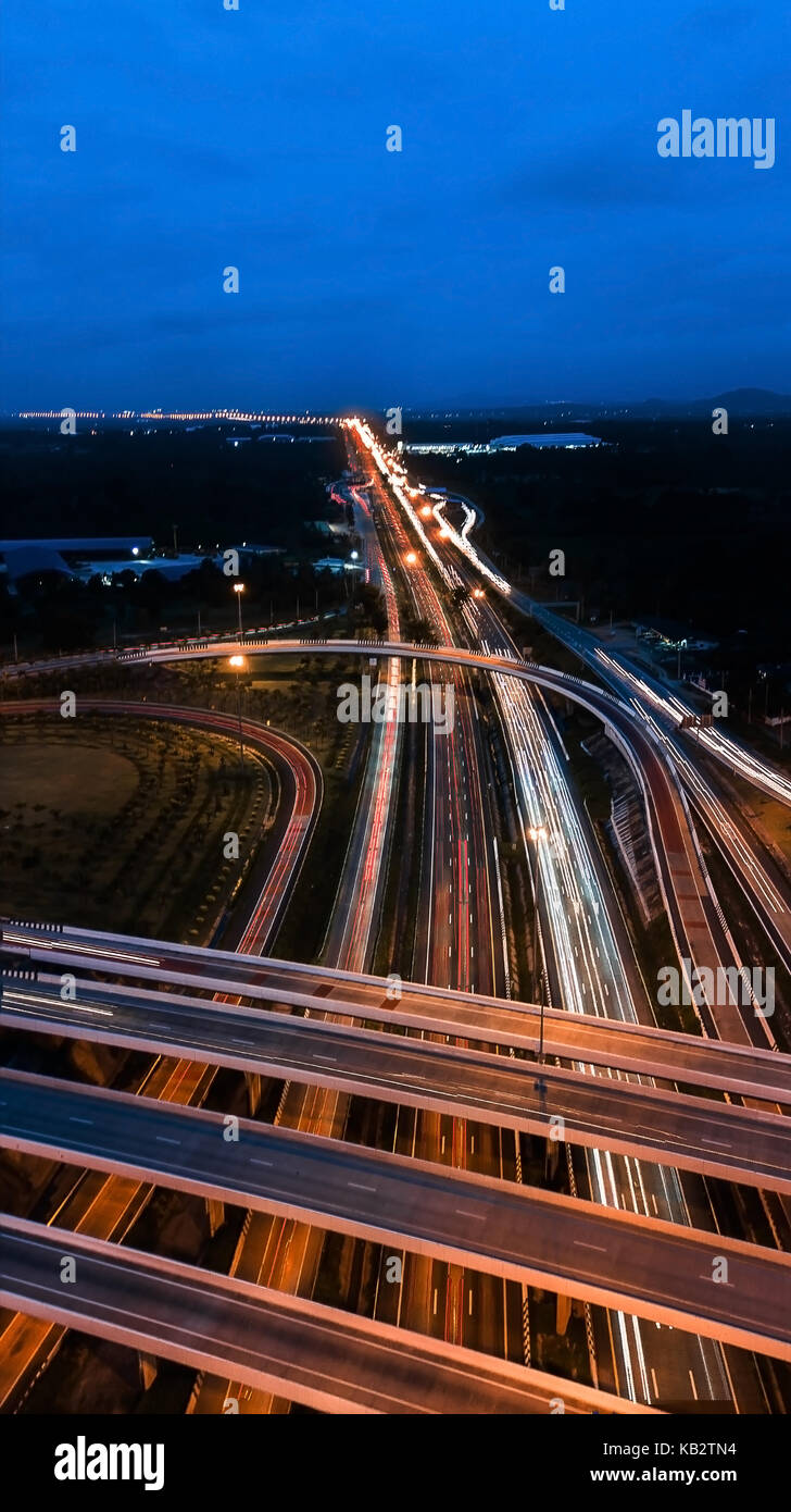 over Road city highway at night - Bird eye viwe - drone -Top view Stock ...