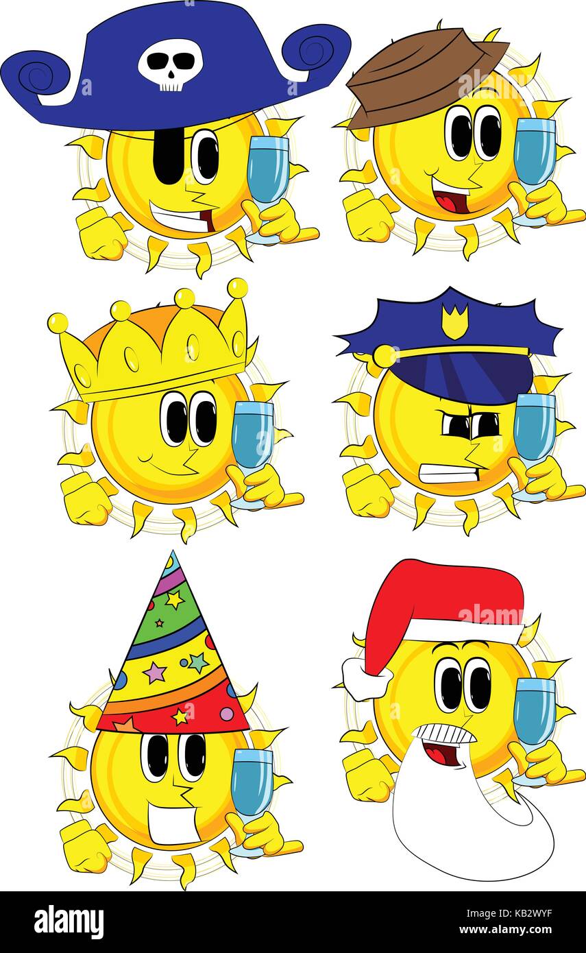 Cartoon sun with with a glass of water. Collection with costume ...