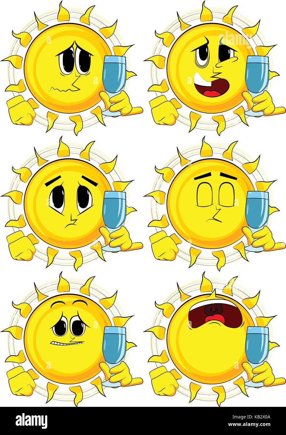 Cartoon sun with with a glass of water. Collection with sad faces ...