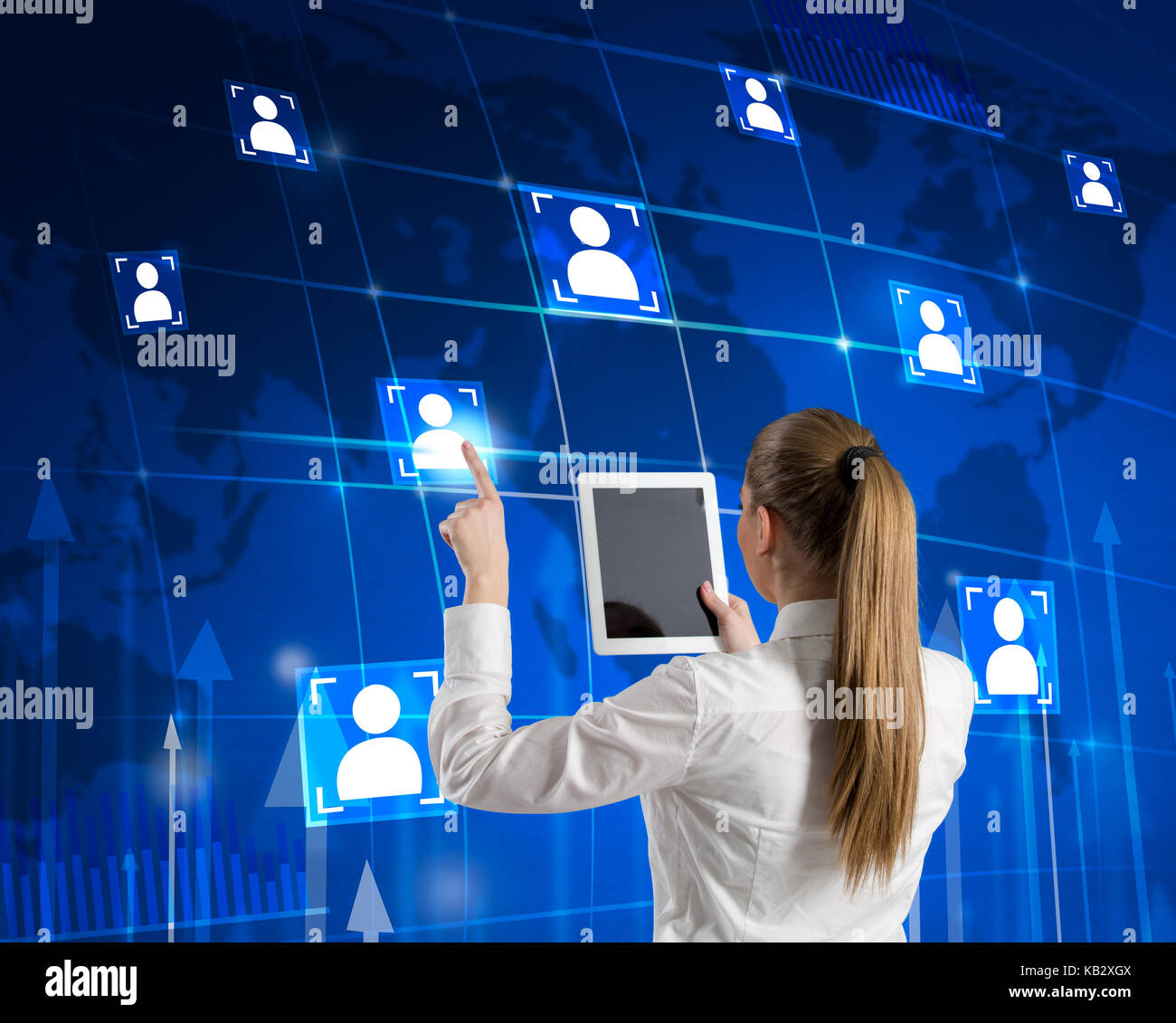 Woman with tablet and application icons, communication technology Stock ...