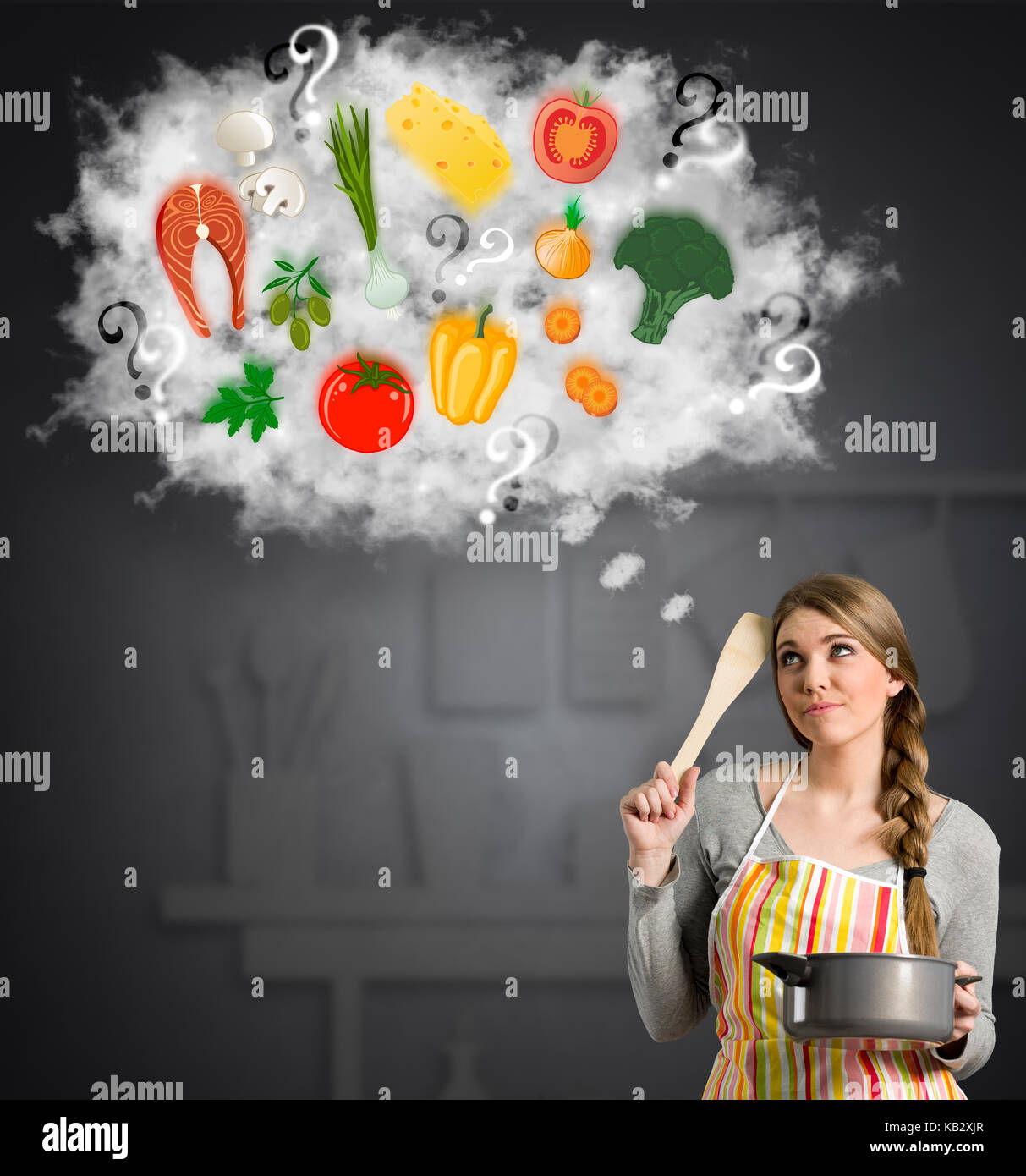 Housewife questioning expression thinks about the necessary ingredients ...