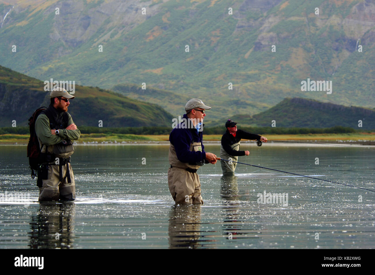 Anglers fly fishing for trout and salmon near Chignik Alaska Stock ...