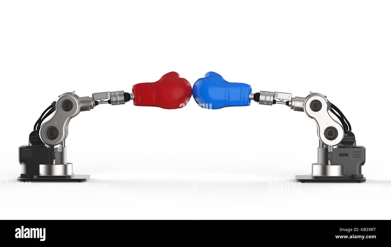 3d rendering robot arm is wearing red and blue boxing gloves Stock ...