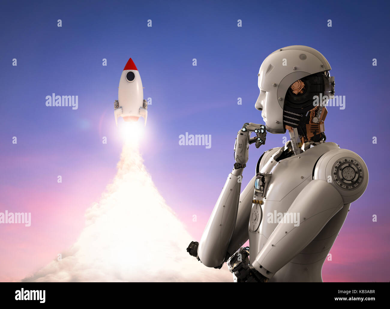 3d rendering humanoid robot with space shuttle launch Stock Photo - Alamy