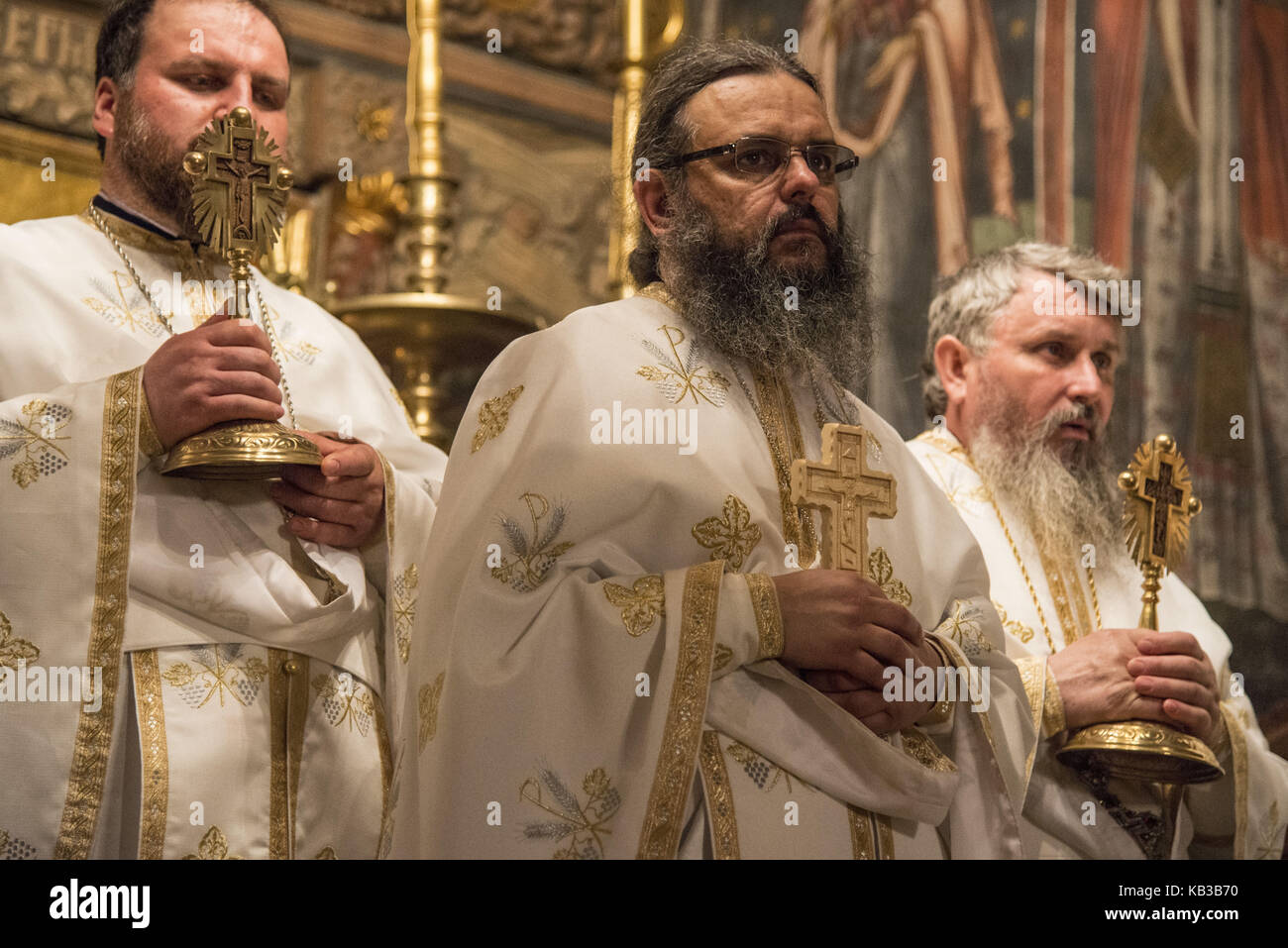 Priests and monks hold an orthodox service at the Easter night of ...