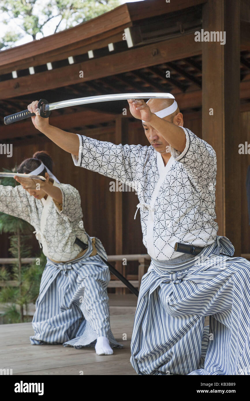 Japan, Honshu, Tokyo, Yasukuni shrine, Martial Arts sword fight show ...