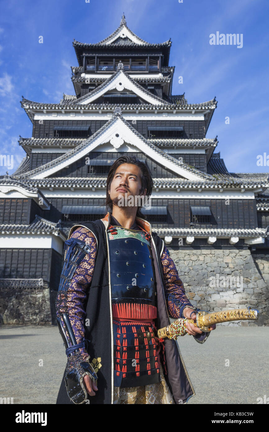 Japan, Kyushu, Kumamoto, castle Kumamoto, awake soldier at the entrance ...