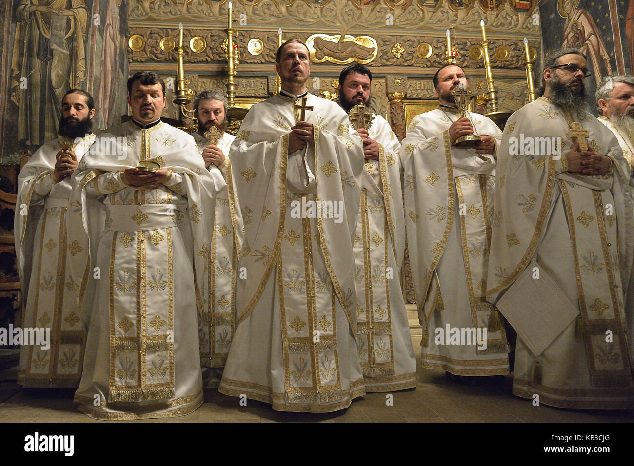 Priests and monks hold an orthodox service at the Easter night of ...