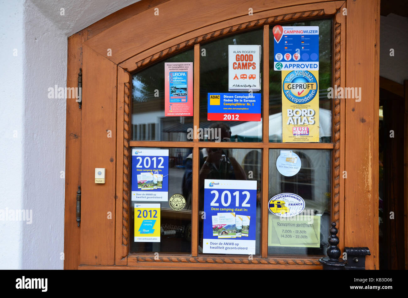 Germany, Bavaria, Isar valley, Krün, alp caravan park, reception desk ...