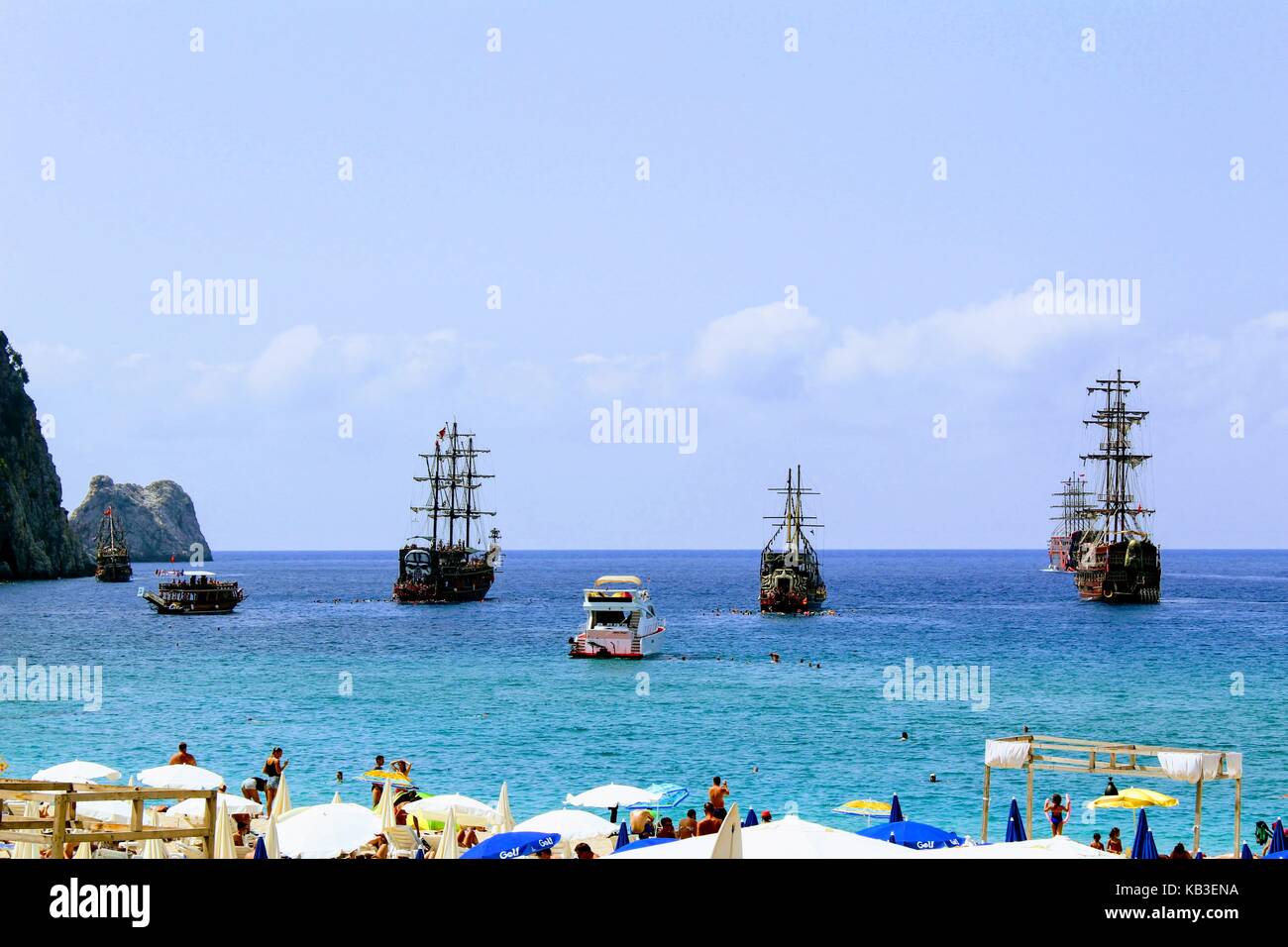 Walking sailing ships for sea excursions are anchored opposite the ...