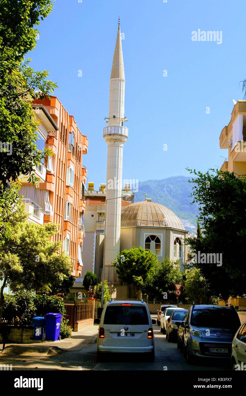 Alanya, Turkey, July 2017: high minarets of the Moslem mosque Stock ...