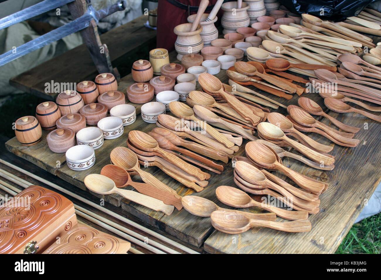 Items of folk craft sold in the shop at the festival of historical ...