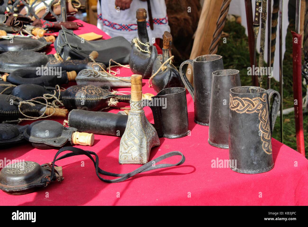 Items of folk craft sold in the shop at the festival of historical ...
