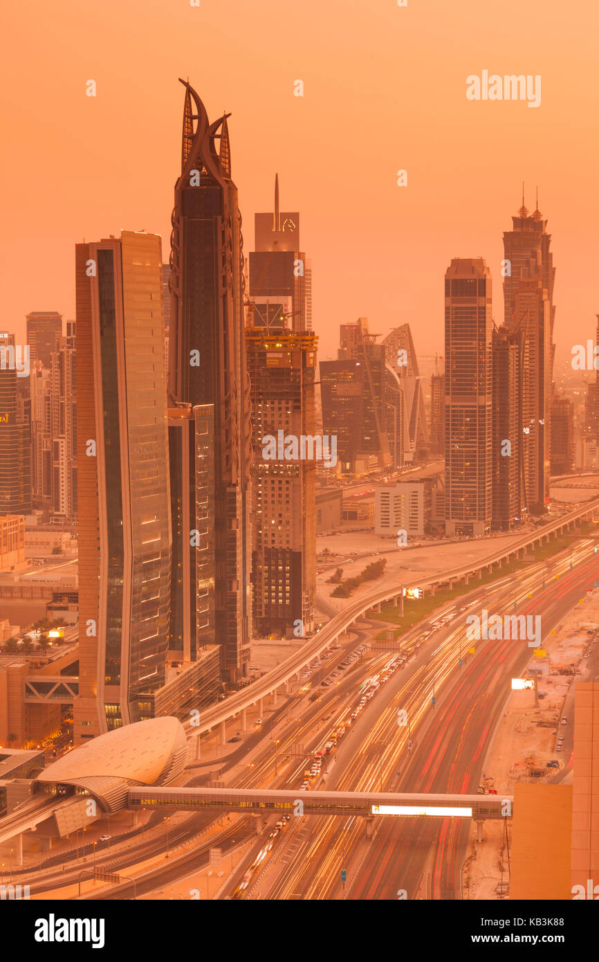 UAE, Dubai, Downtown Dubai, high rise buildings along Sheikh Zayed Road ...