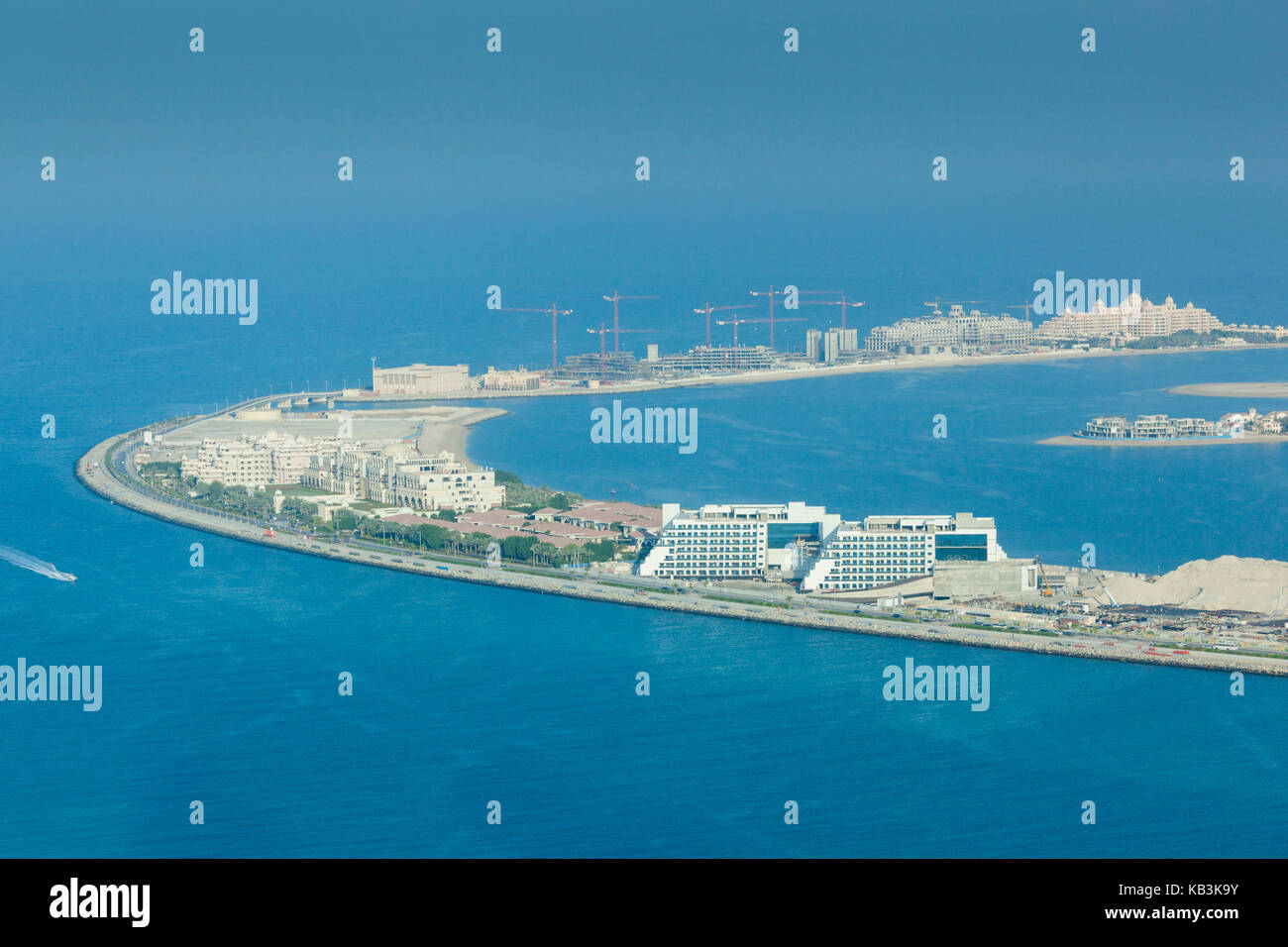 UAE, Dubai, Palm Jumeirah, elevated view of the Palm area of man-made ...
