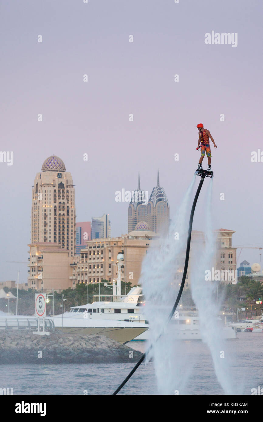 UAE, Dubai, Dubai Marina, Jumeirah Beach, water jet pack stunt flyers ...