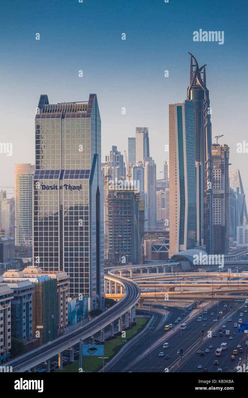 UAE, Dubai, Downtown Dubai, high rise buildings along Sheikh Zayed Road ...