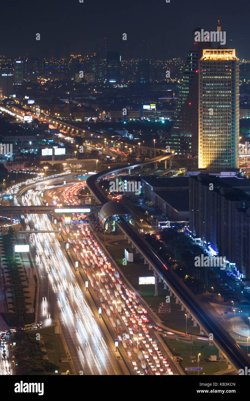 UAE, Dubai, Downtown Dubai, high rise buildings along Sheikh Zayed Road ...