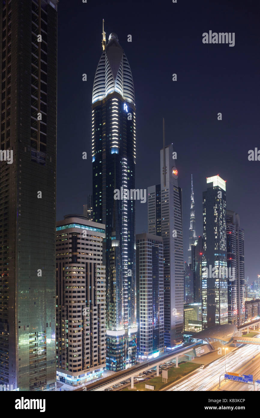 UAE, Dubai, Downtown Dubai, high rise buildings along Sheikh Zayed Road ...