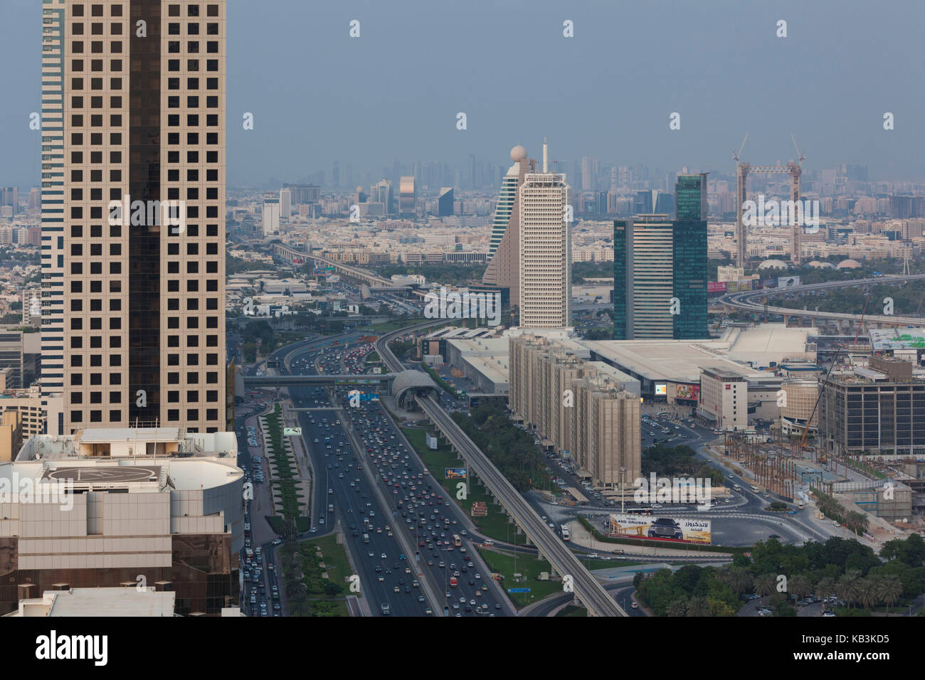 UAE, Dubai, Downtown Dubai, high rise buildings along Sheikh Zayed Road ...