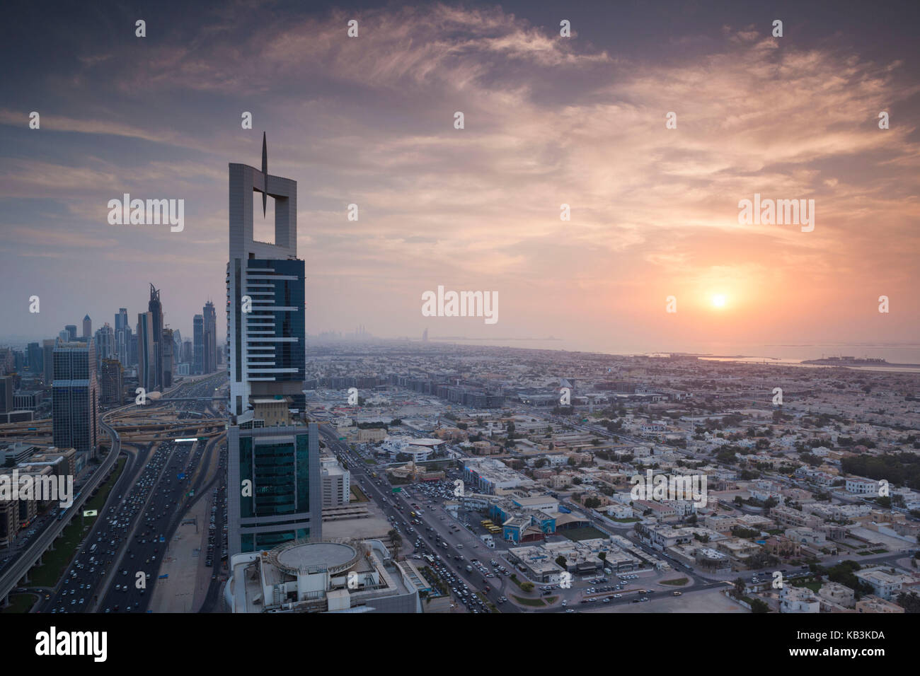 UAE, Dubai, Downtown Dubai, high rise buildings along Sheikh Zayed Road ...