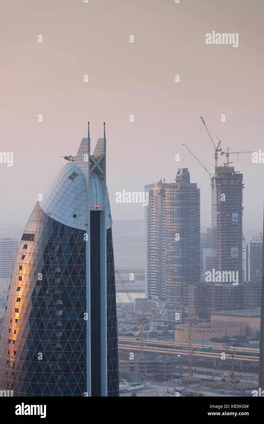 UAE, Dubai, Downtown Dubai, high rise buildings along Sheikh Zayed Road ...